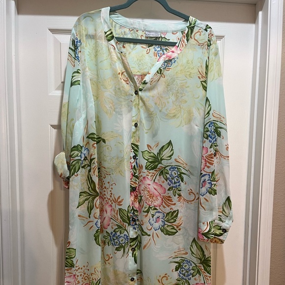 Catherines | Tops | Catherines Roll Tab Sleeve Sheer Green Pink Floral ...